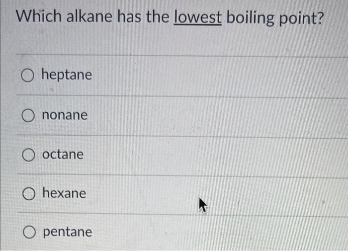 Solved Which alkane has the lowest boiling point? O heptane | Chegg.com