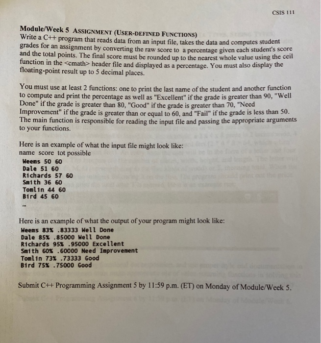 Solved CSIS 111 Module/Week 5 ASSIGNMENT (USER-DEFINED | Chegg.com