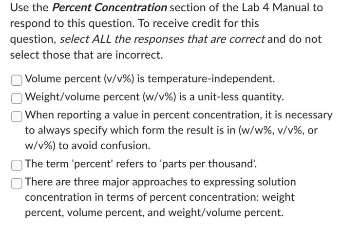 Solved Use the Percent Concentration section of the Lab 4 | Chegg.com