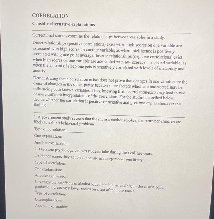 Solved CORRELATION Consider alternative explanations | Chegg.com