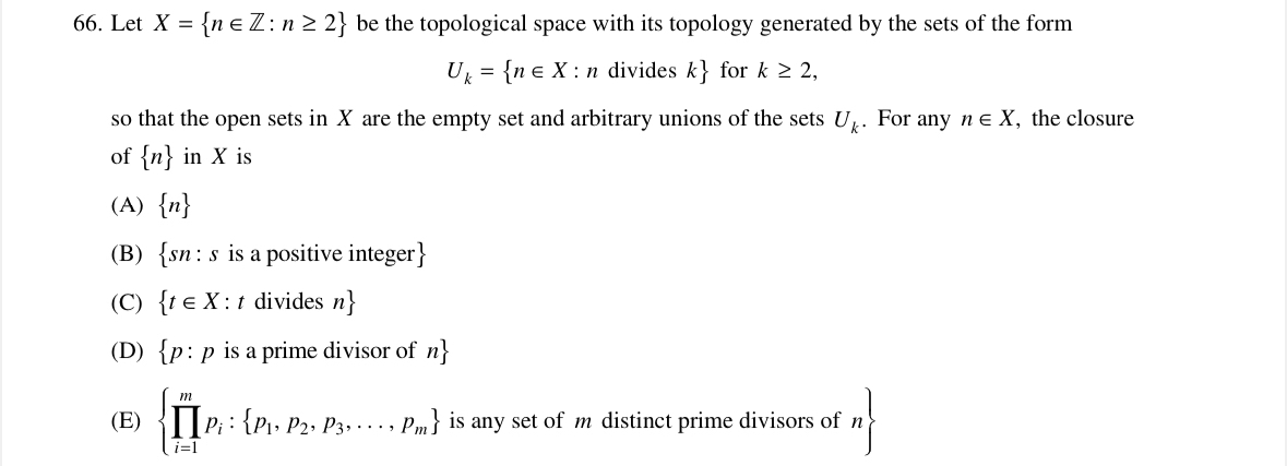 Solved Let x={ninZ:n≥2} ﻿be the topological space with its | Chegg.com