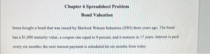 Solved Chapter 6 Spreadsheet Problem Bond Valuation Jenna | Chegg.com