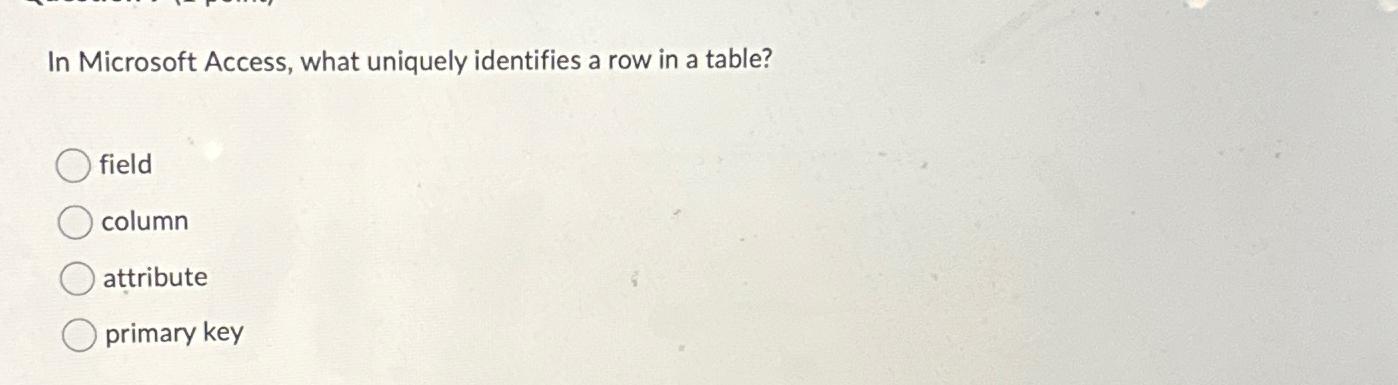 Solved In Microsoft Access, what uniquely identifies a row | Chegg.com Solved In Microsoft Access, what uniquely identifies a row | Chegg.com