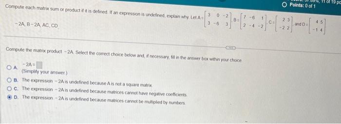 Solved Points: 0 of 1 −2A,B−2A,AC,CD Compute each matrix sum | Chegg.com