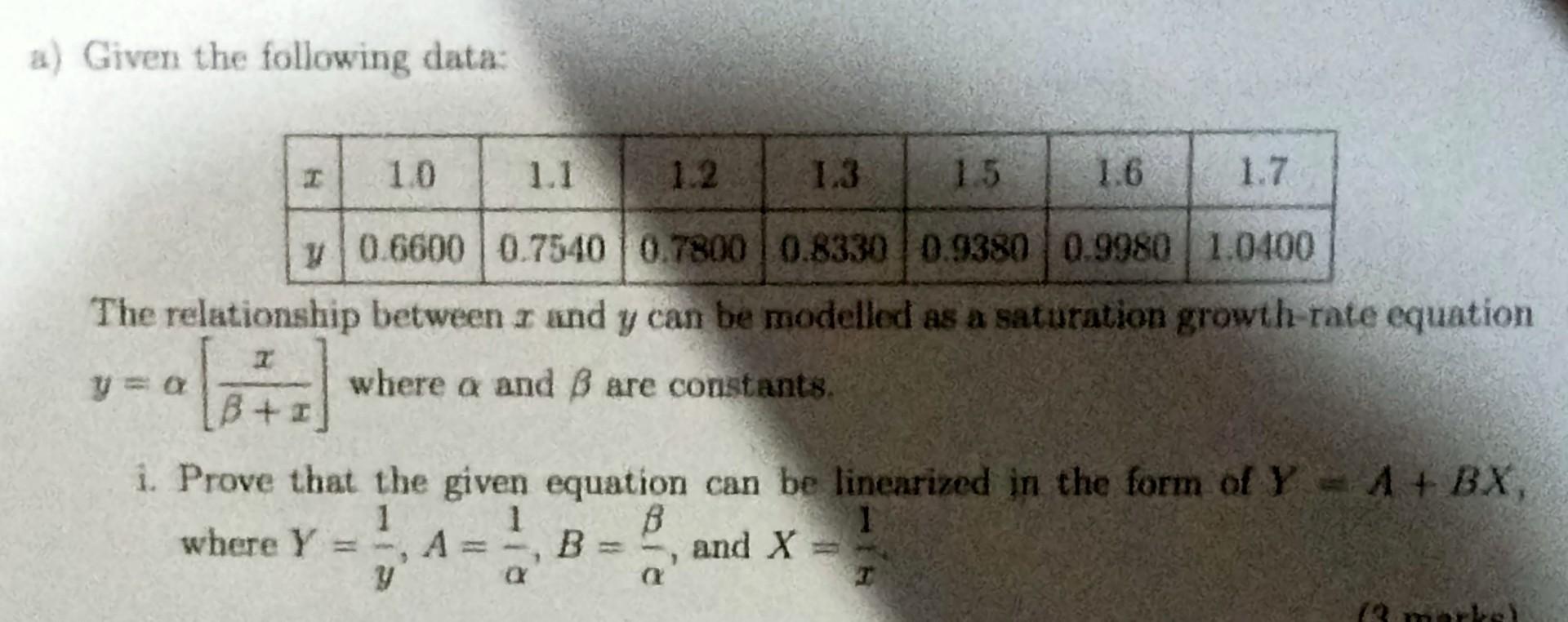 Solved a) Given the following data: The relationship between | Chegg.com
