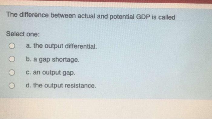 Solved The difference between actual and potential GDP is | Chegg.com