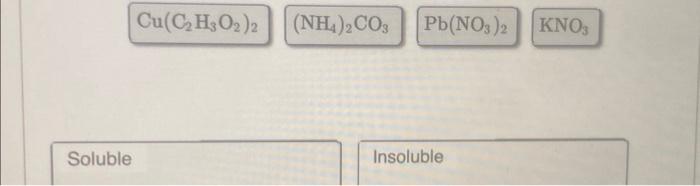 Solved Cu(C2H3O2)2)(NH4)2CO3 Pb(NO3)2KNO Soluble Insoluble | Chegg.com