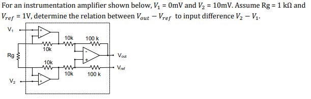 Solved For an instrumentation amplifier shown below, V1=0mV | Chegg.com