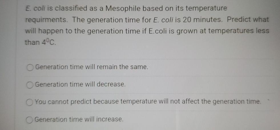 Solved E. ﻿coli is classified as a Mesophile based on its | Chegg.com