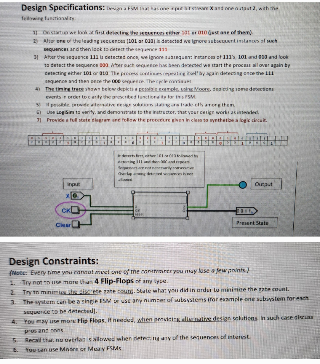 Solved Design Specifications: Design a FSM that has one | Chegg.com
