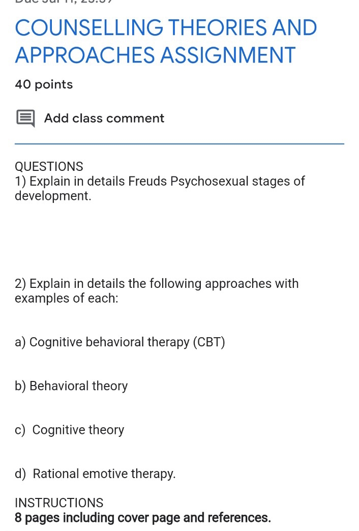 Solved COUNSELLING THEORIES AND APPROACHES ASSIGNMENT40 | Chegg.com