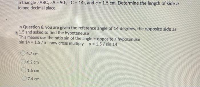 Solved In triangle ABC, 2A = 90,2C - 14, and c = 1.5 cm. | Chegg.com