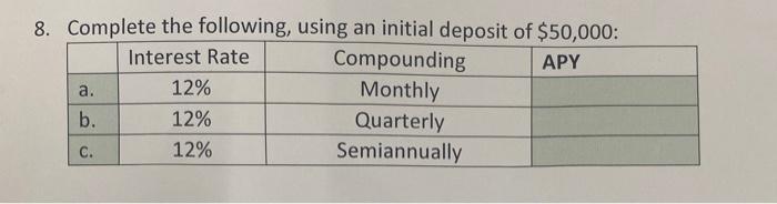 Solved 8. Complete the following, using an initial deposit | Chegg.com