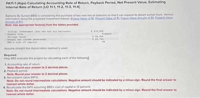 Solved PA11-1 (Algo) Calculating Accounting Rate of Return, | Chegg.com