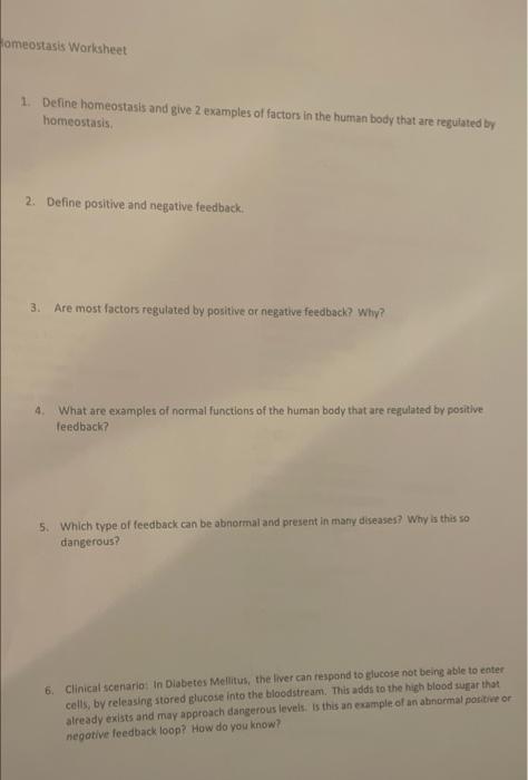 Solved omeostasis Worksheet 1. Define homeostasis and give 2 | Chegg.com