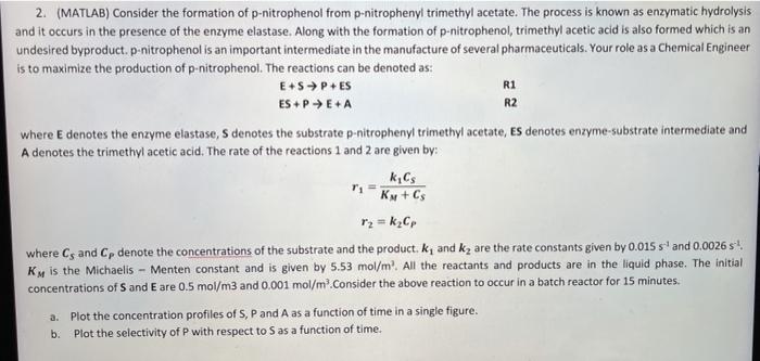 Solved 2. (MATLAB) Consider the formation of p-nitrophenol | Chegg.com