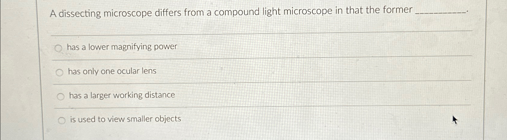 Solved A dissecting microscope differs from a compound light | Chegg.com