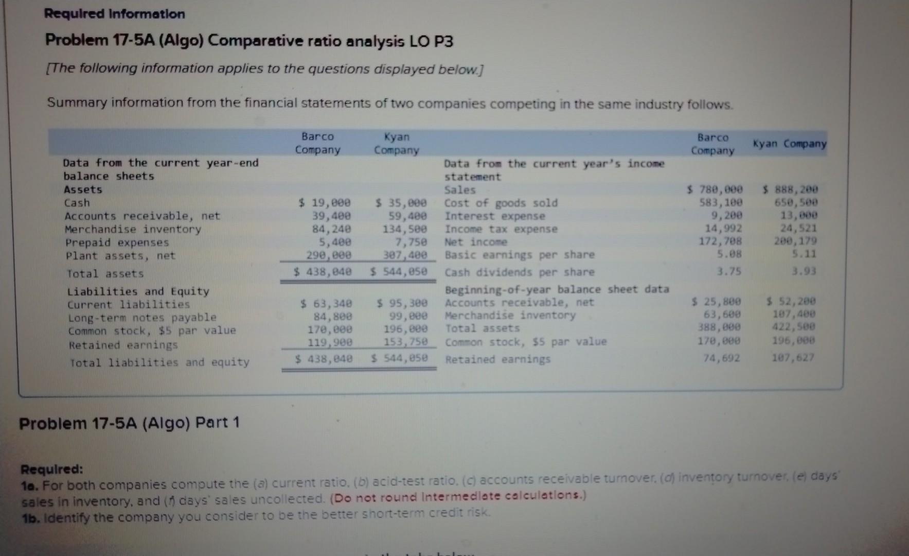 Solved Required Information Problem 17-5A (Algo) Comparative | Chegg.com