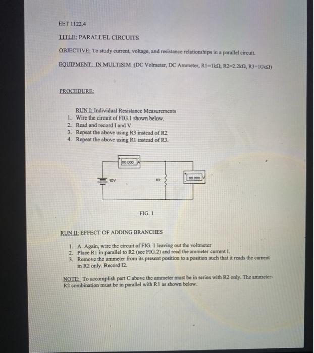 Solved EET 1122.4 TITLE: PARALLEL CIRCUITS OBJECTIVE: To | Chegg.com