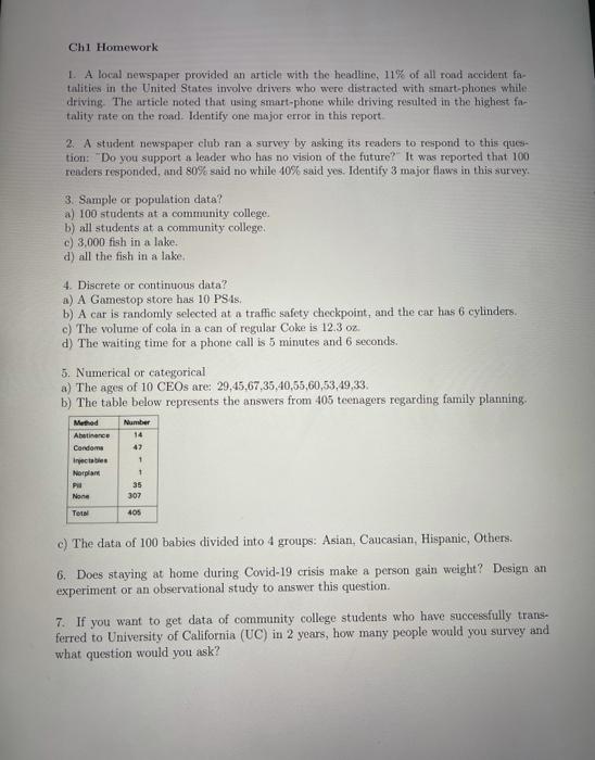 Solved Ch1 Homework 1. A local newspaper provided an article | Chegg.com