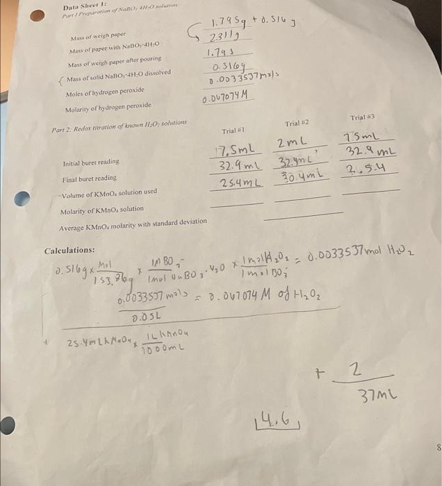 [Solved]: Calculations: Sandardization Titration Data Shee