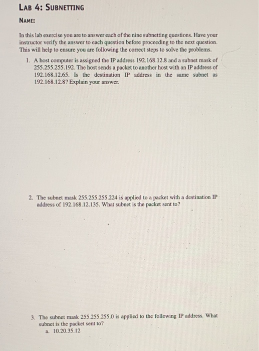 Lab 4 Subnetting Name In This Lab Exercise You Are