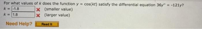 Solved For what values of k does the function y = cos(kt) | Chegg.com