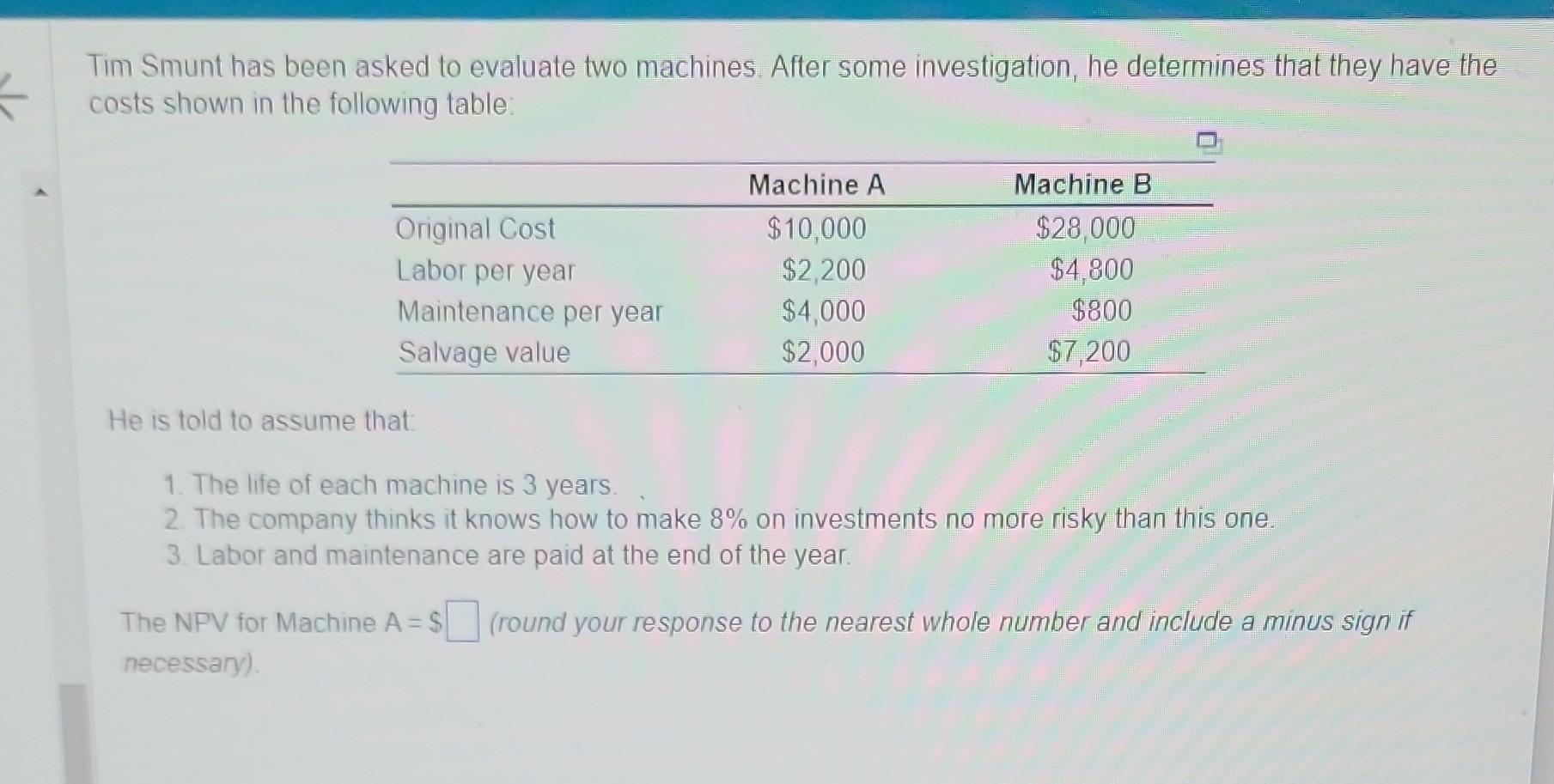 Solved Tim Smunt has been asked to evaluate two machines. | Chegg.com