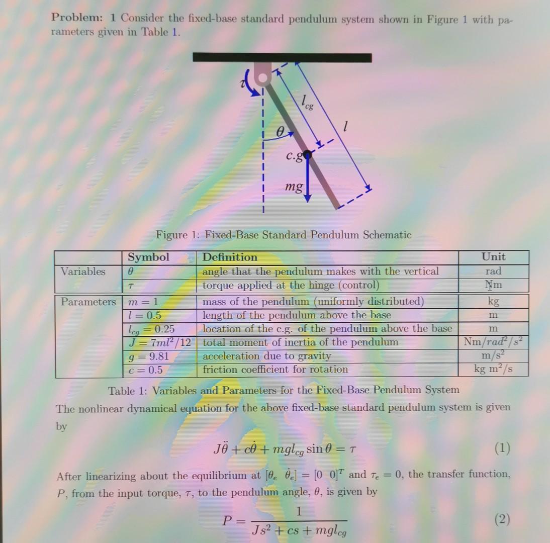Solved Problem: 1 Consider the fixed-base standard pendulum | Chegg.com
