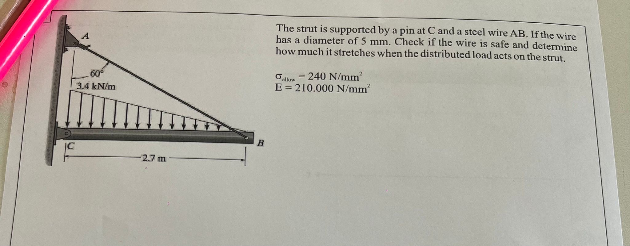 Solved The strut is supported by a pin at C ﻿and a steel | Chegg.com