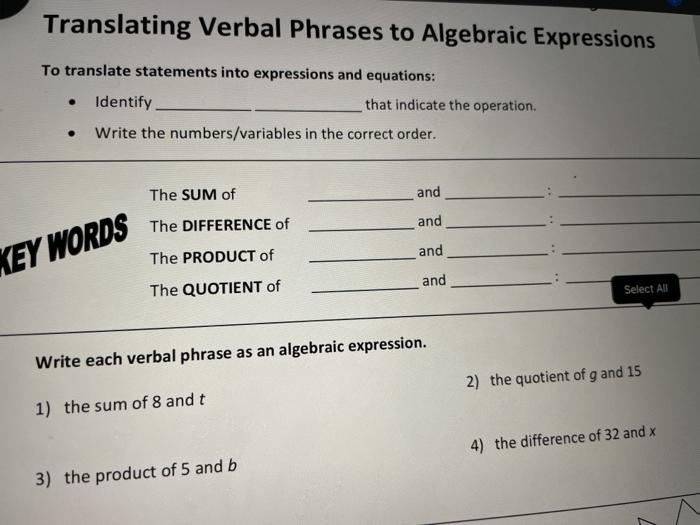 Solved Translating Verbal Phrases to Algebraic Expressions | Chegg.com