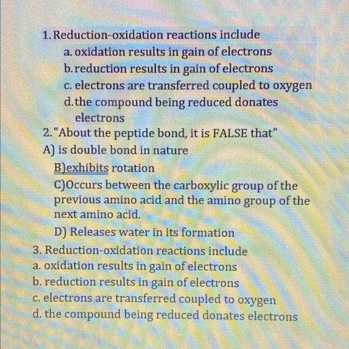 Solved 1. Reduction-oxidation reactions include a. oxidation | Chegg.com