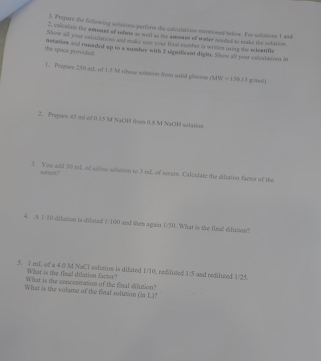 Solved 3. Prepare the following solutions perform the | Chegg.com
