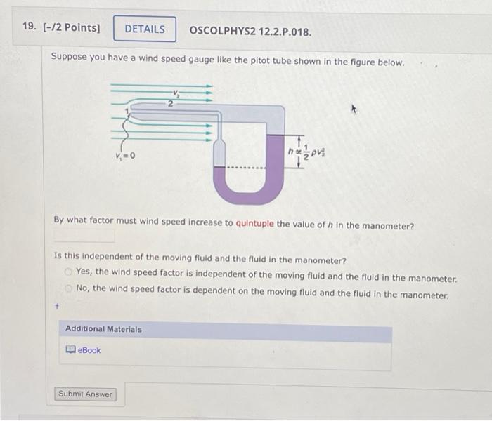 Solved Suppose you have a wind speed gauge like the pitot | Chegg.com