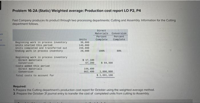Solved Problem 16-2A (Static) Weighted average: Production | Chegg.com