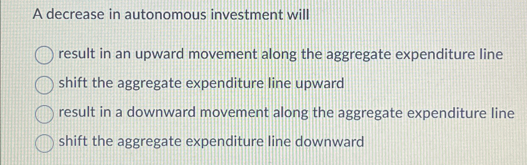 Solved A decrease in autonomous investment willresult in an | Chegg.com