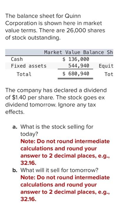 Solved The balance sheet for Quinn Corporation is shown here | Chegg.com