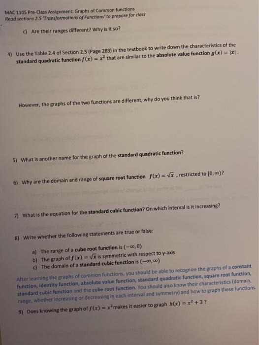 Solved MAC 1105 Pre-Class Assignment Graphs of Common | Chegg.com
