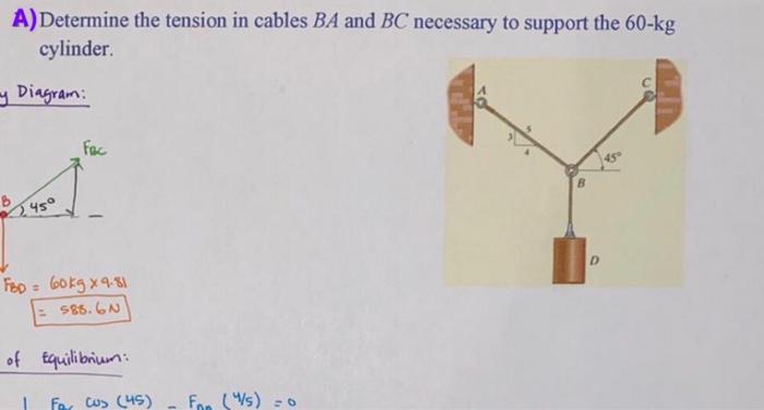 Solved A)Determine the tension in cables BA and BC necessary | Chegg.com