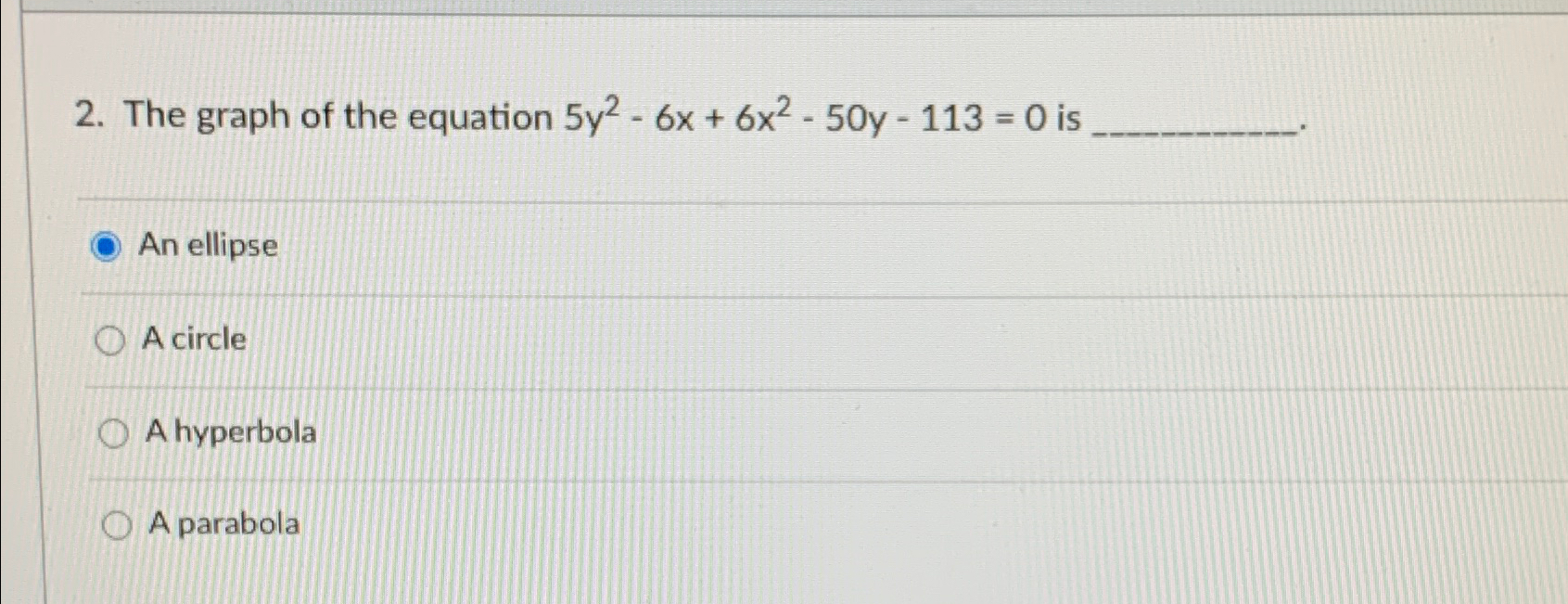 Solved The graph of the equation 5y2-6x+6x2-50y-113=0 ﻿isAn | Chegg.com