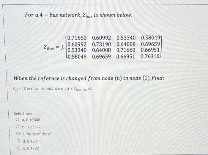 Solved For a 4- bus network, Zbus is shown below. 0.71660 | Chegg.com