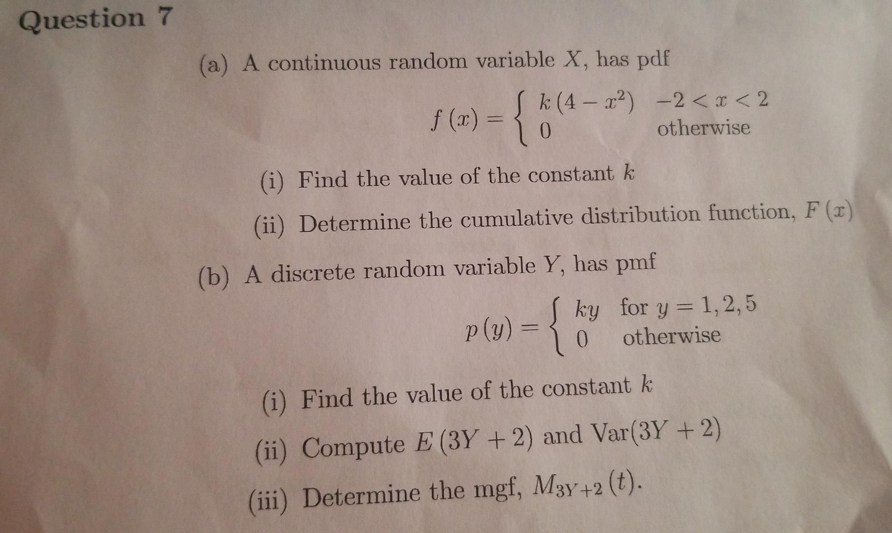 Solved (a) A continuous random variable X, has pdf | Chegg.com