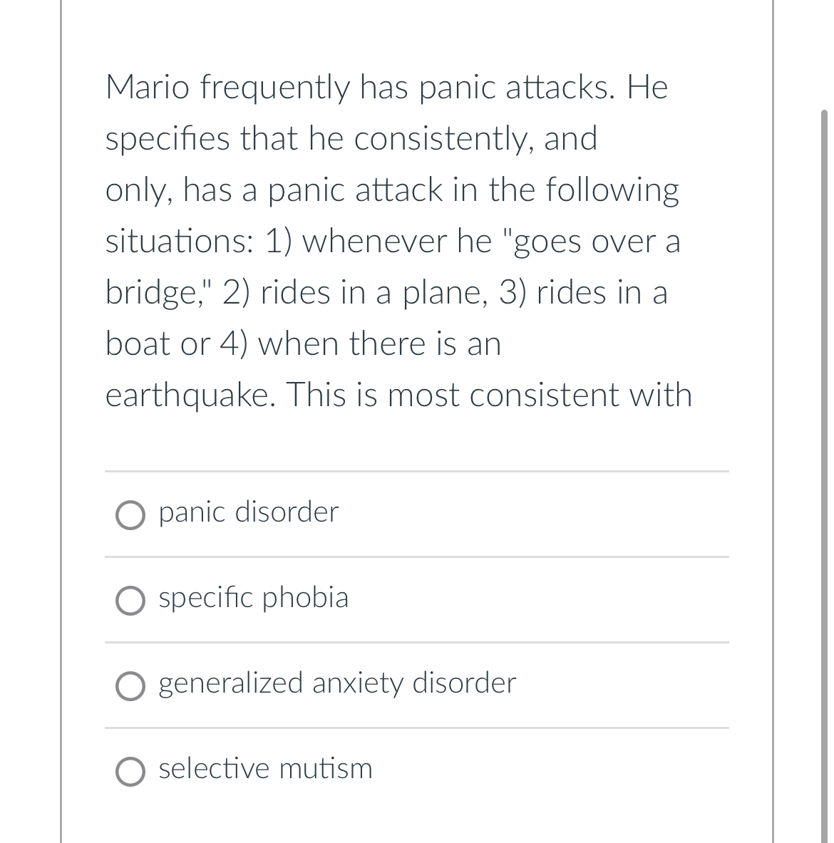 Solved Mario frequently has panic attacks. He specifies that | Chegg.com