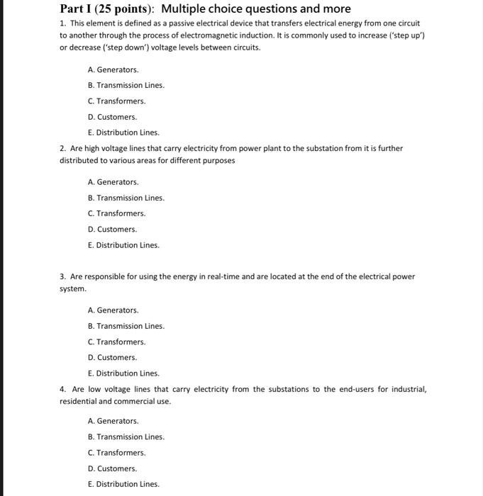 Solved Part I (25 points): Multiple choice questions and | Chegg.com