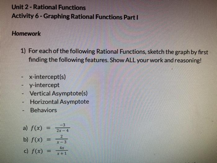 Solved Unit 2 Rational Functions Activity 6 Graphing