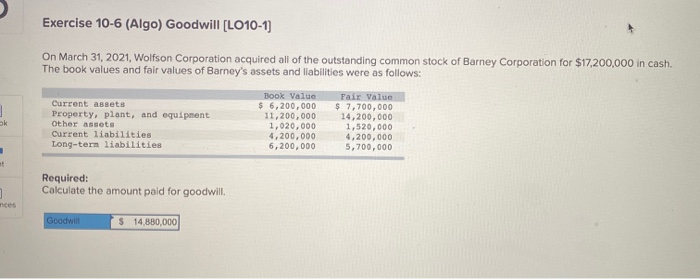 Solved Exercise 10-6 (Algo) Goodwill [LO10-1] On March 31, | Chegg.com
