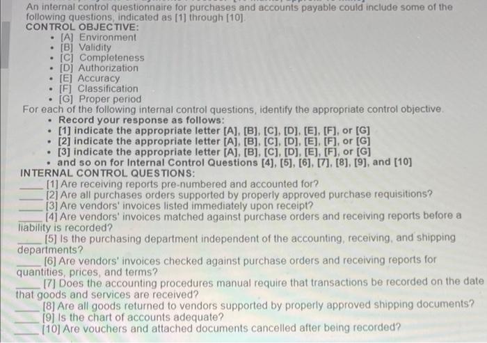 Solved . . . . . An internal control questionnaire for | Chegg.com