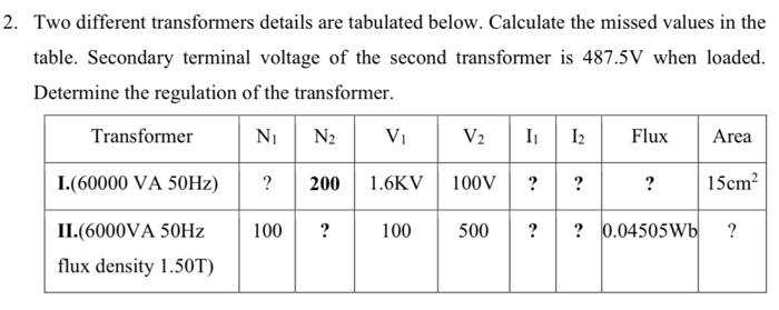 Solved 2. Two different transformers details are tabulated | Chegg.com