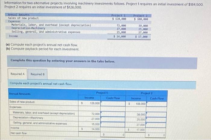 Solved Information for two alternative projects involving | Chegg.com