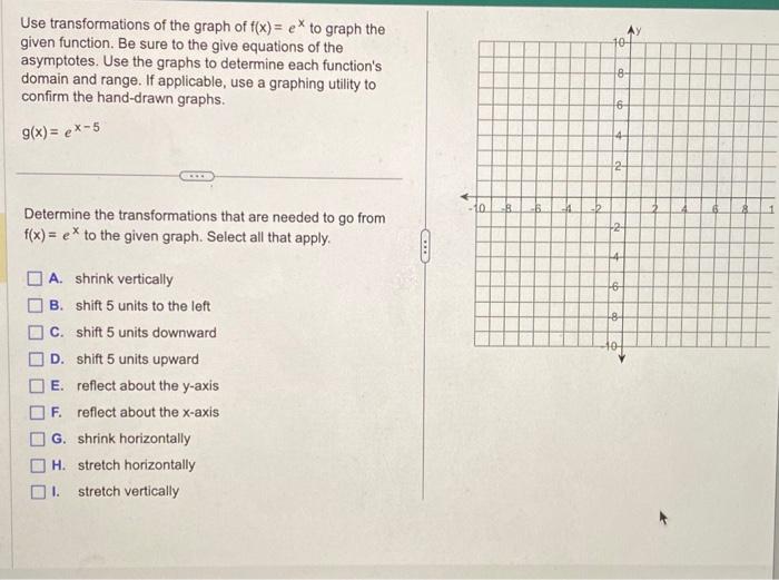Solved Use transformations of the graph of f(x)=ex to graph | Chegg.com